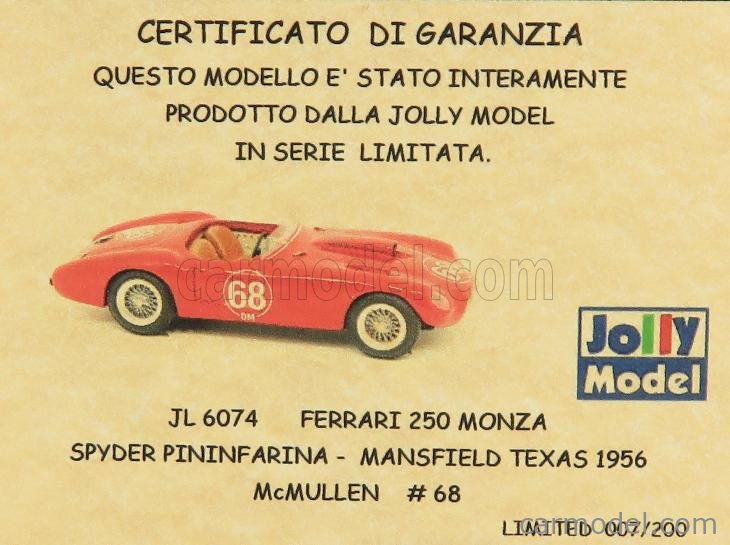 JOLLY-MODEL JL6074 Scale 1/43 | FERRARI 250 MONZA SPIDER PININFARINA N ...