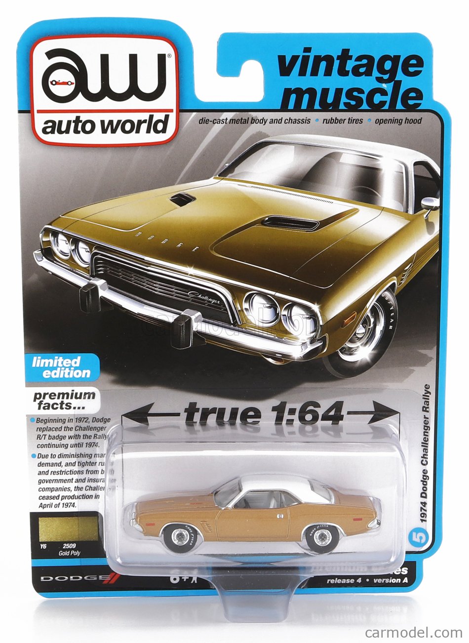 AUTOWORLD AWSP117A-64382 Scale 1/64 | DODGE CHALLENGER RALLYE COUPE 1974 GOLD WHITE