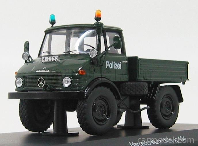 SCHUCO 03159 Scale 1/43 | MERCEDES BENZ UNIMOG 406 POLIZEI - POLICE GREEN