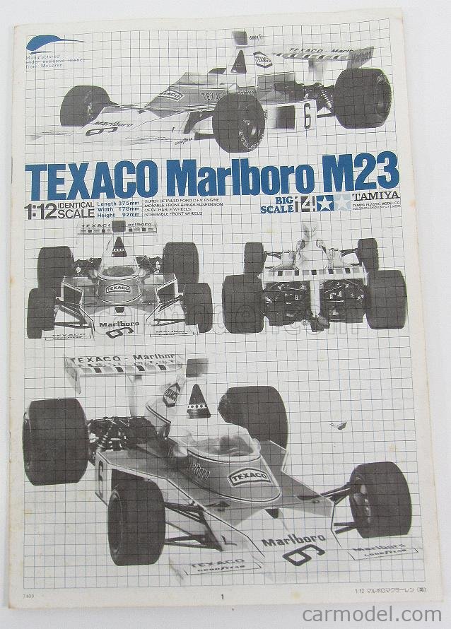 TAMIYA BS1216 Scale 1/12 | McLAREN F1 FORD M23 TEXACO-MARLBORO N 6 SEASON 1974 D.HULME RED WHITE